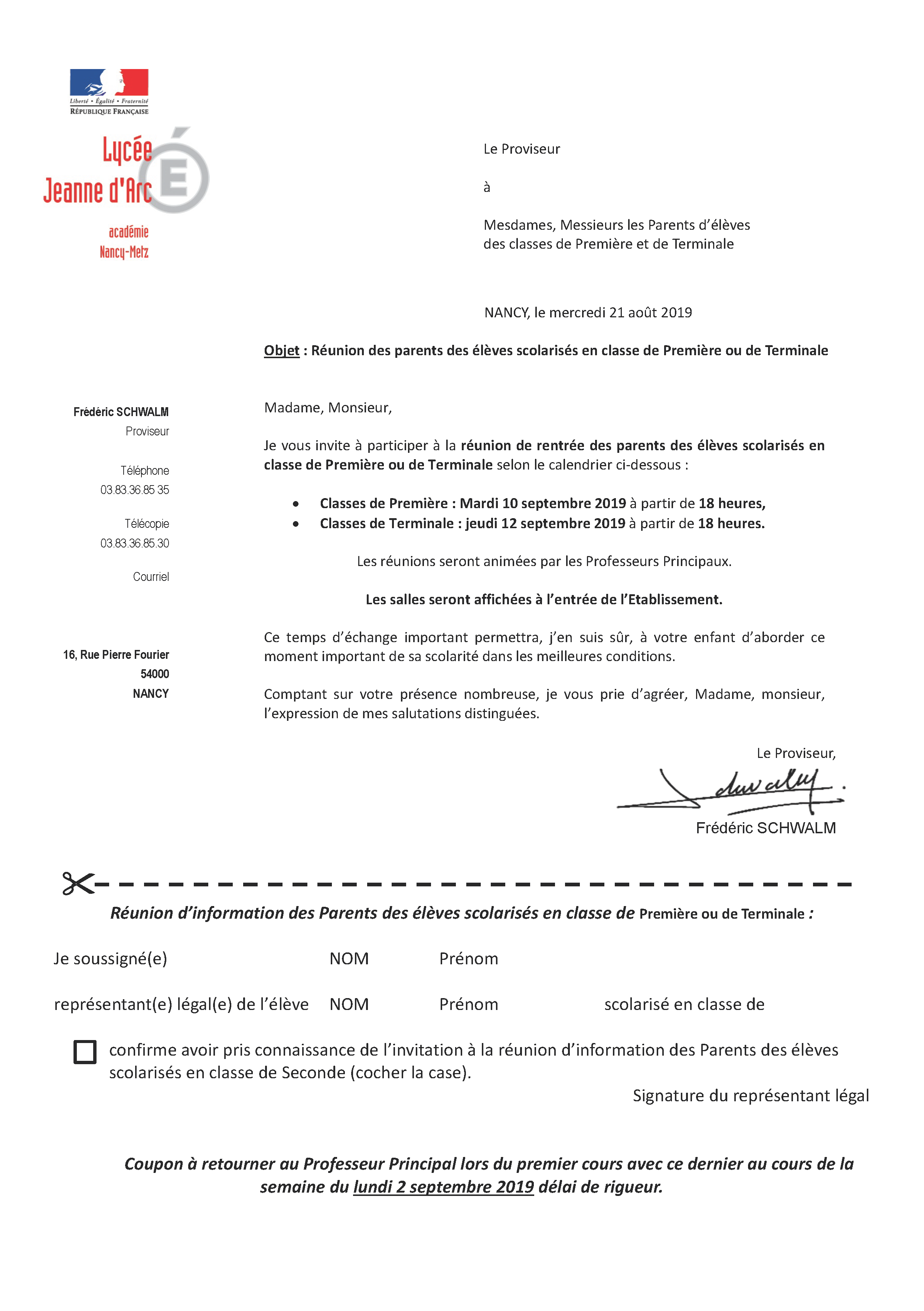 Réunion d’information des Parents des élèves de Première et de Terminale