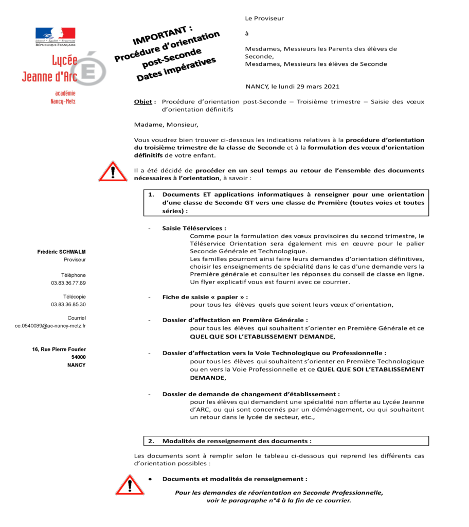 Procédure d’orientation post- Seconde 2021