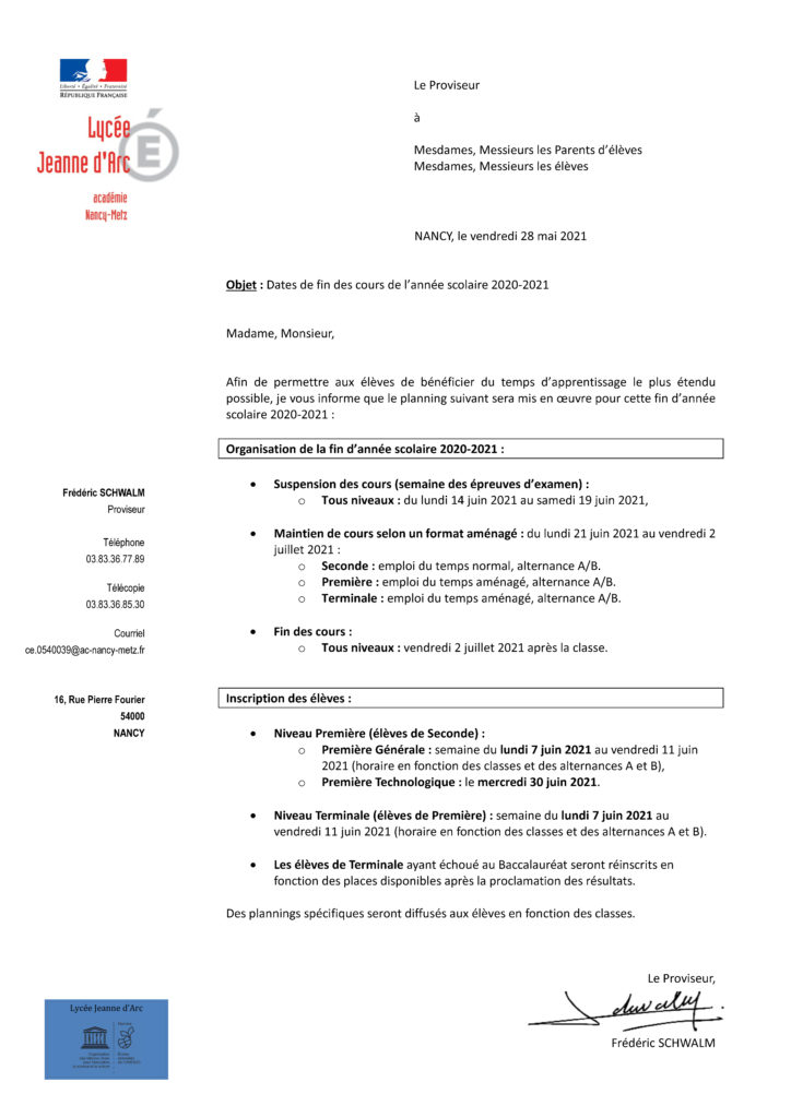Planning de la fin d’année scolaire 2020-2021